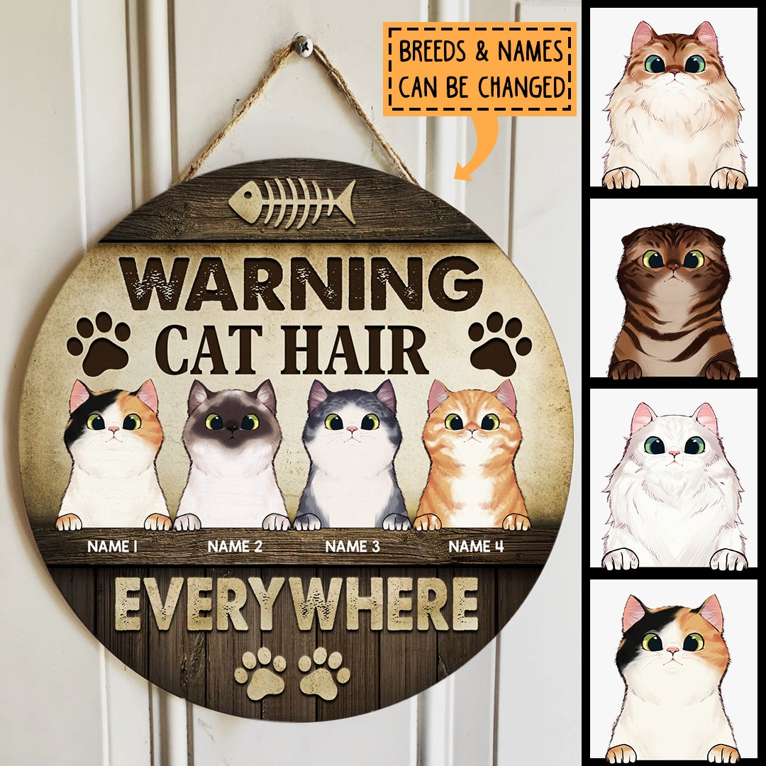 Warning Cat Hair Everywhere, Wooden Background With Cute Peeking Cat,